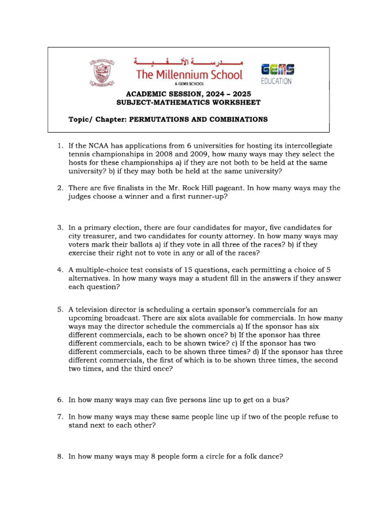 Permutations & Combinations Worksheet | PDF