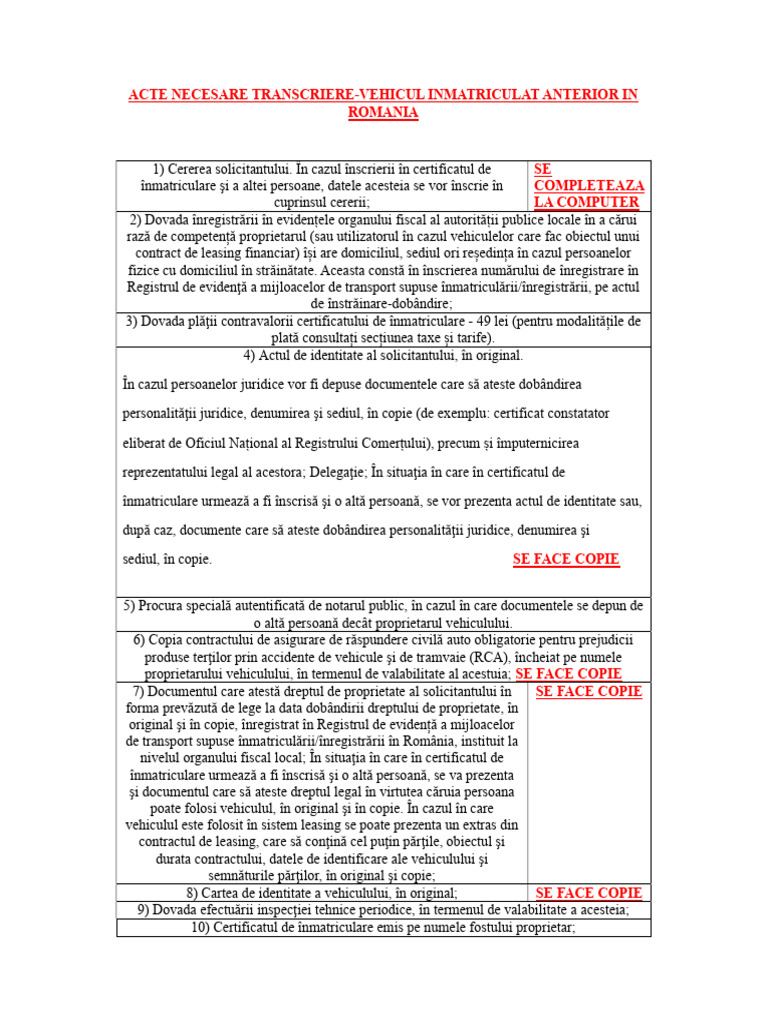 Acte Necesare Transcriere-Vehicul Inmatriculat Anterior in Romania | PDF