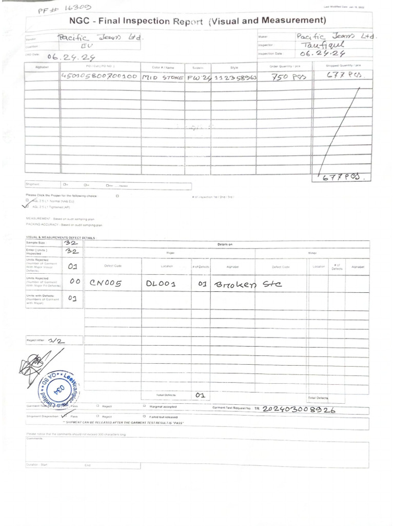 Final Inspection Pass Report Style-112358961 | PDF