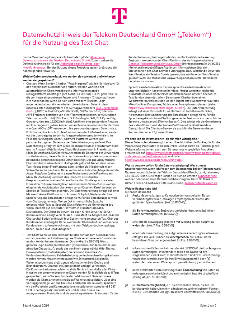 Datenschutzhinweis Der Telekom Deutschland GMBH ( Telekom") Für Die ...