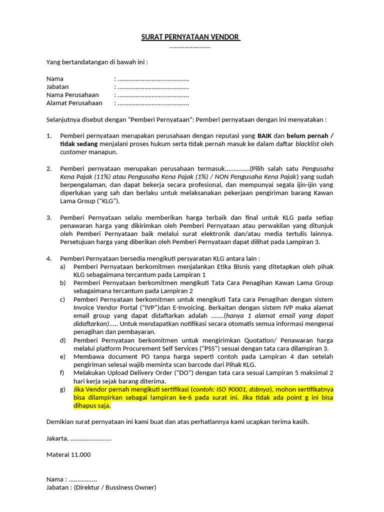 Surat Pernyataan Vendor | PDF