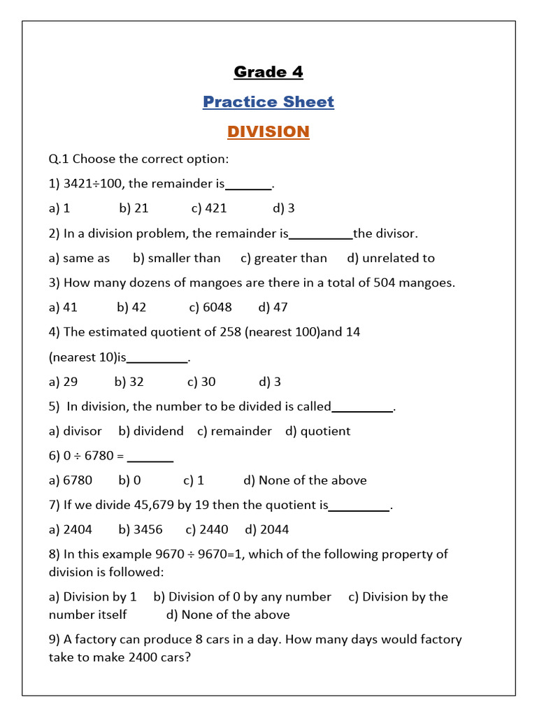 GR 4 Division Practice Sheet | PDF