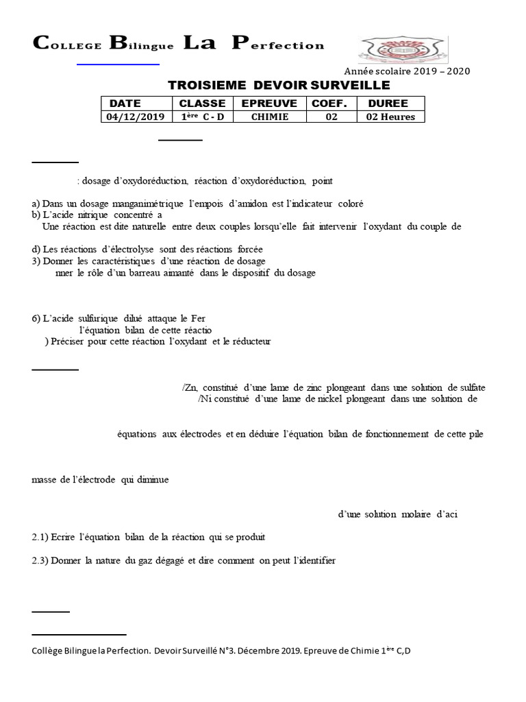 Chimie-1ereC D TI-Eval3 | PDF