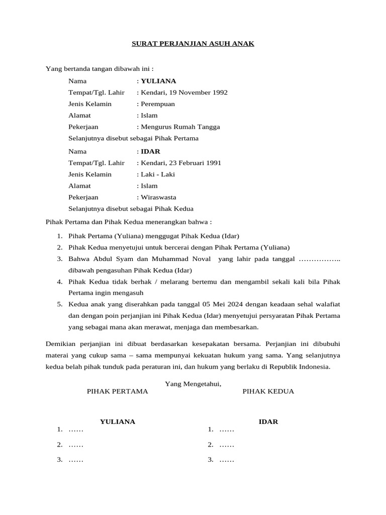 Surat Perjanjian Asuh Anak | PDF