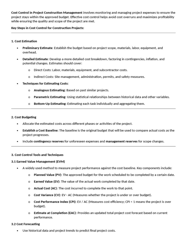 Cost Control In Project Construction Management Pdf Business Business