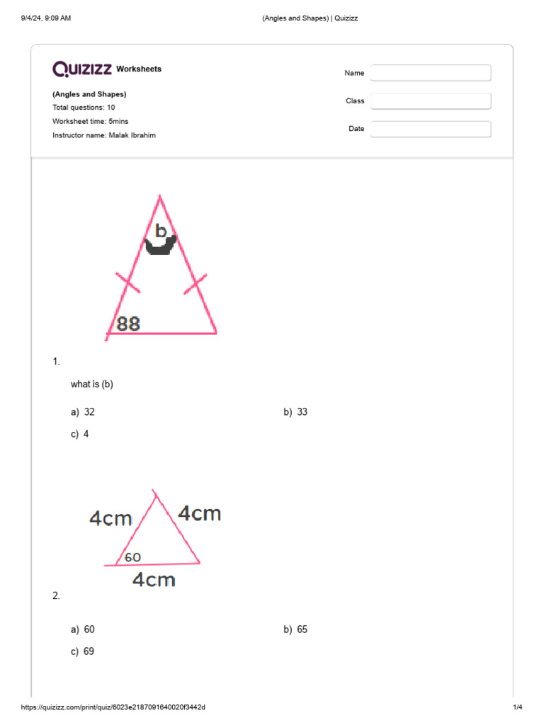 (Angles and Shapes) - Quizizz | PDF