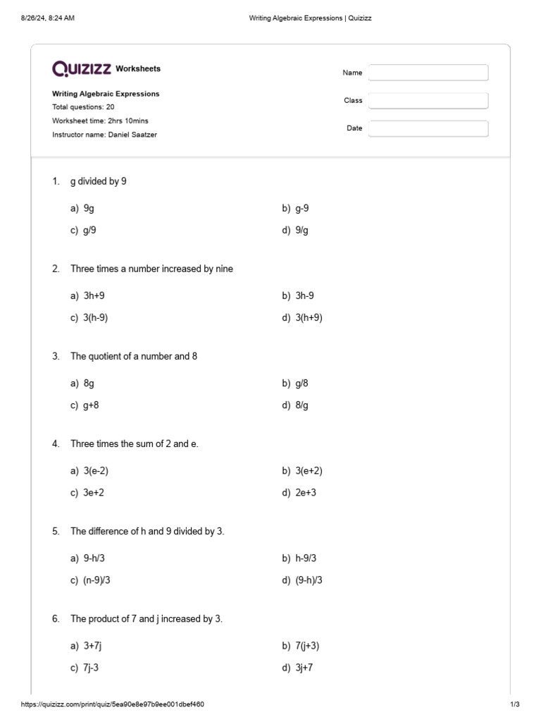 Writing Algebraic Expressions - Quizizz | PDF
