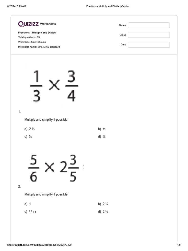 Fractions - Multiply and Divide _ Quizizz | PDF