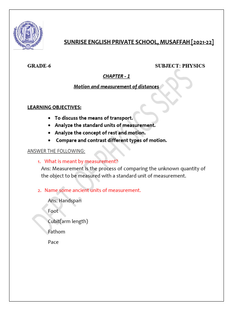Grade 6 Physics Motion Notes 2021 | PDF