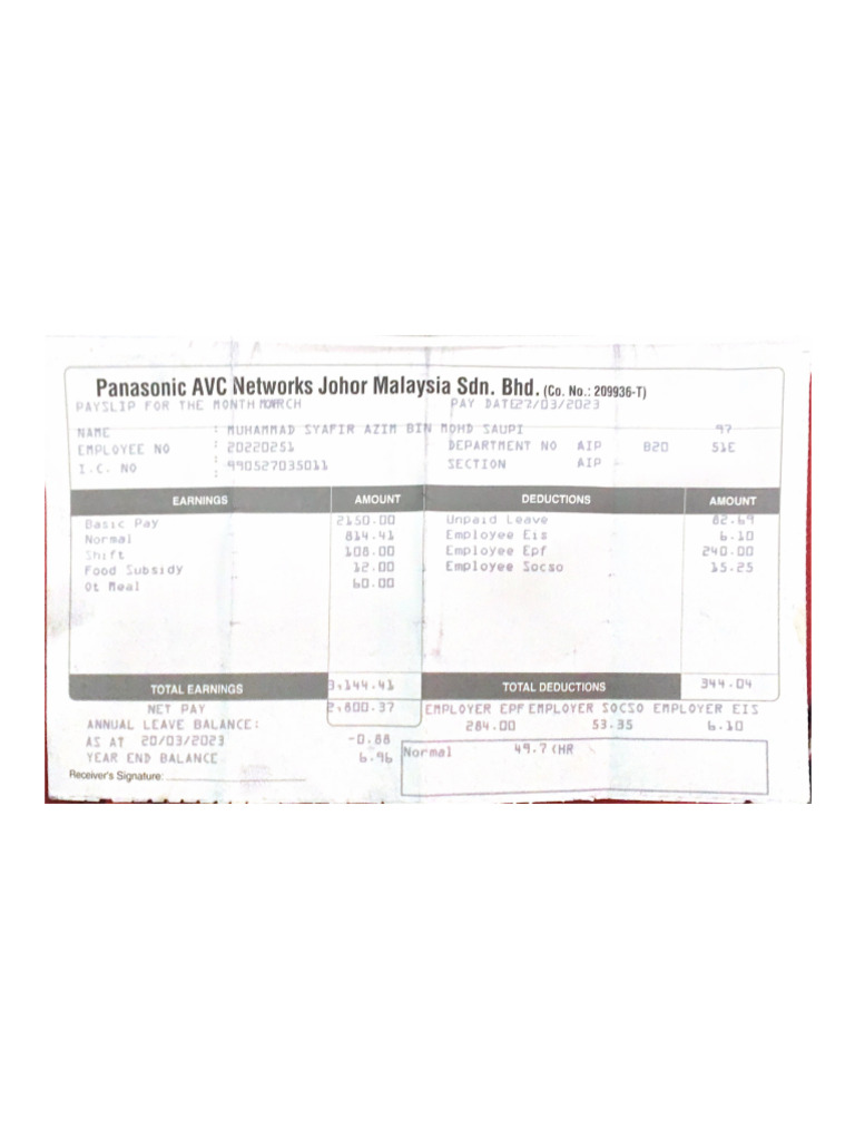 Panasonic AVC Networks Johor Malaysia Sdn. Bhd. (Co. No. 209936-T) | PDF