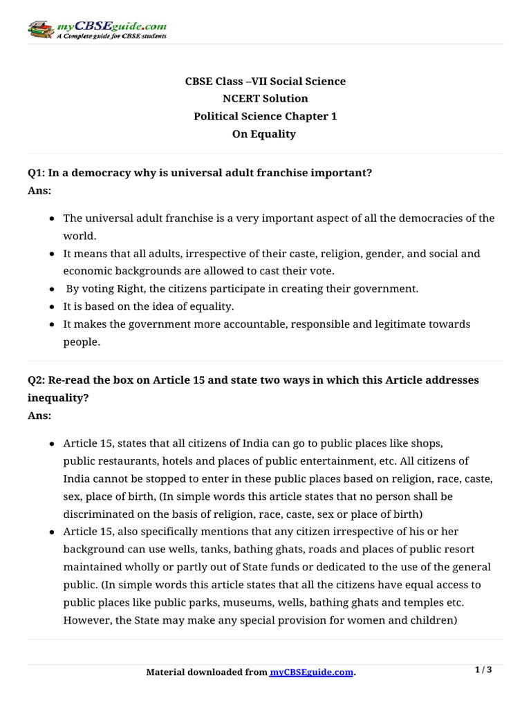 07 Social Science Civics Key Notes Ch01 On Equality | PDF | Social ...