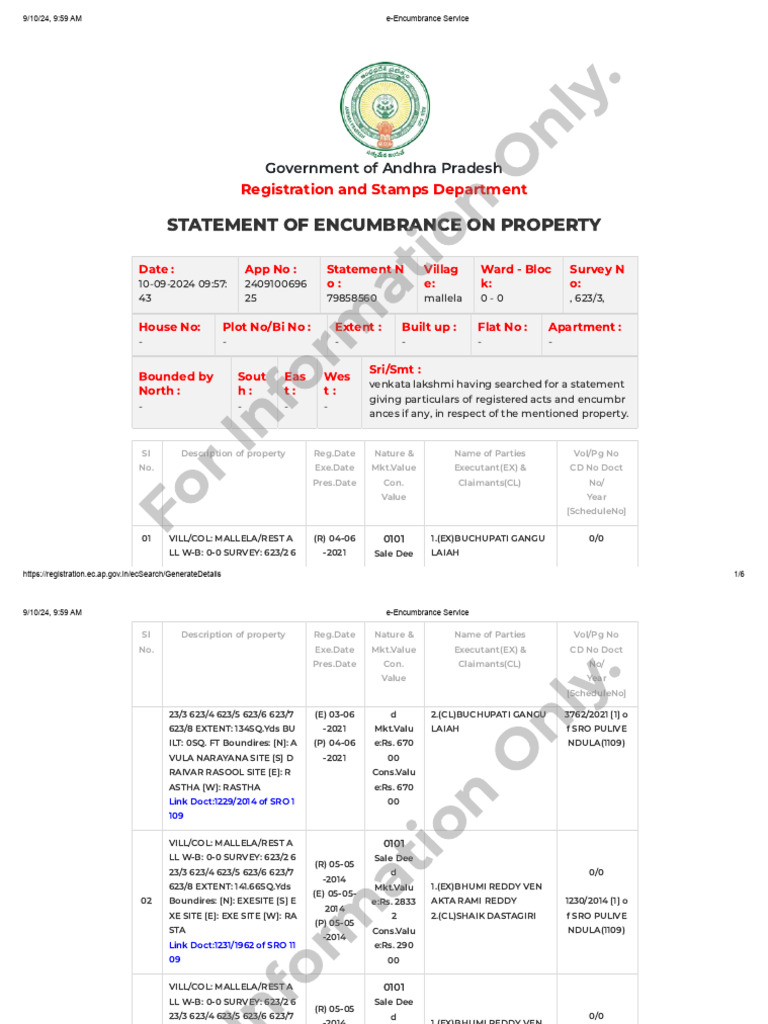 Andhra Pradesh Property Encumbrance Statement | PDF