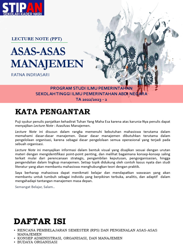 Lecture Note (PPT) Asas-Asas Manajemen | PDF