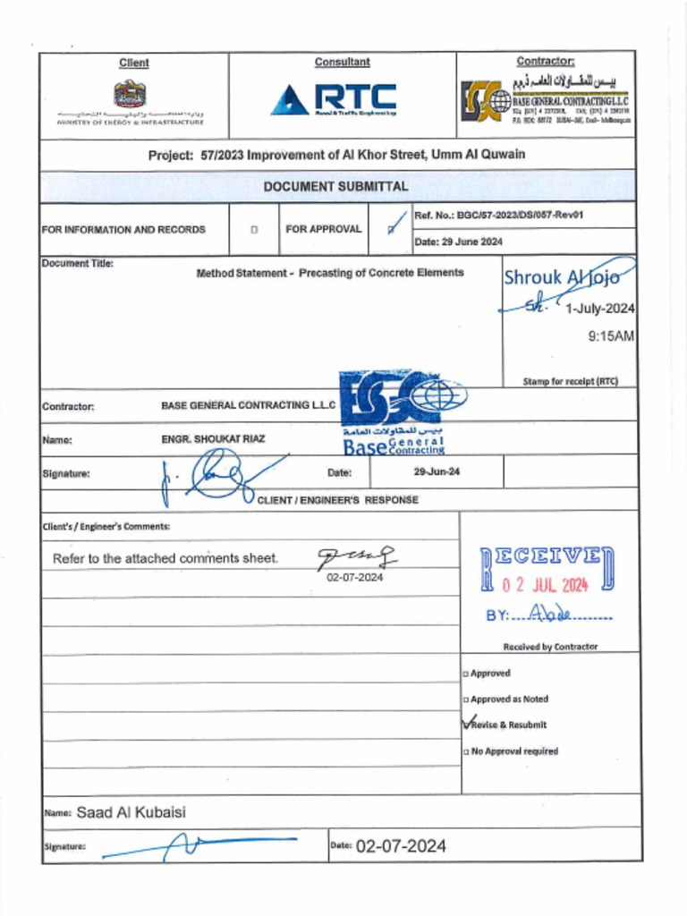DS-057R01 - Method Statement - Precasting of Concrete Elements - RR | PDF