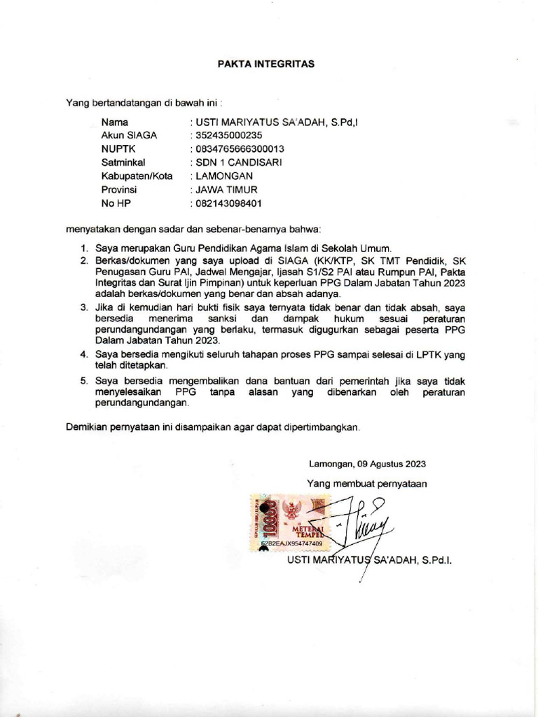 Pakta Integritas PPG Usti | PDF
