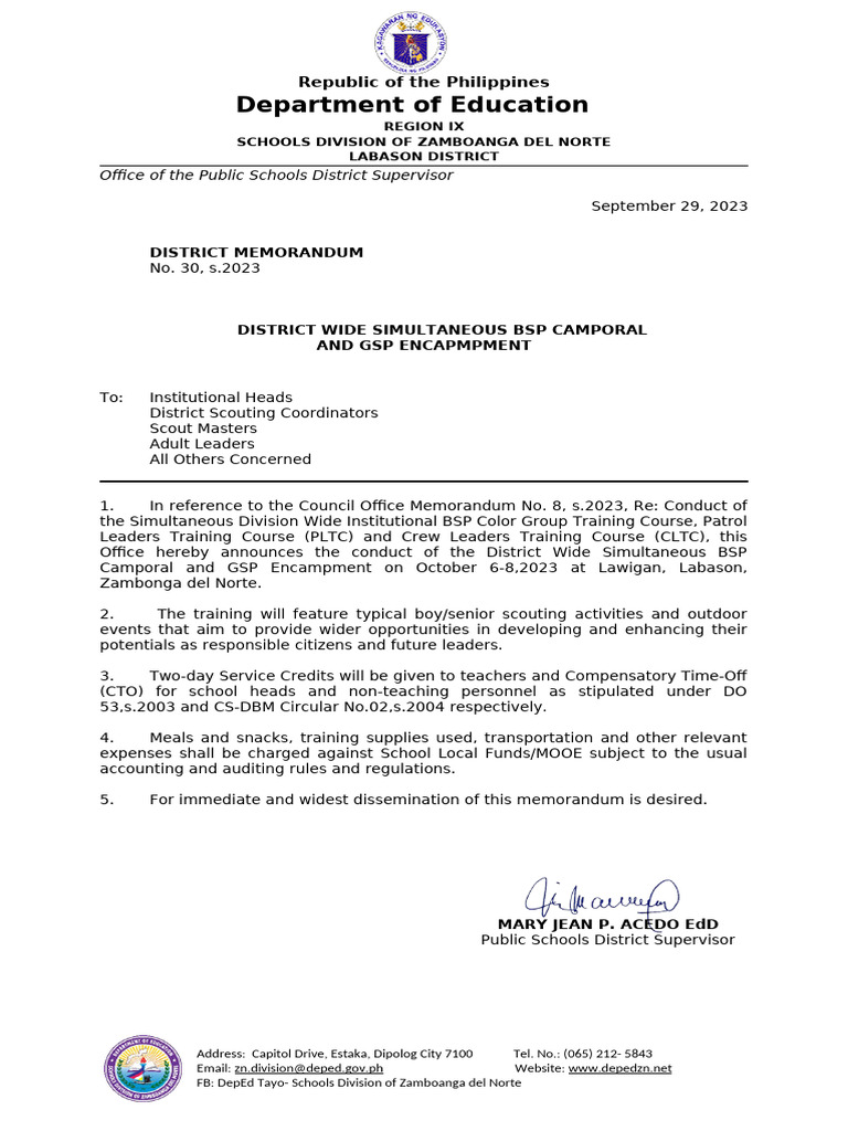 District Memo 30s.2023 BSP and GSP | PDF