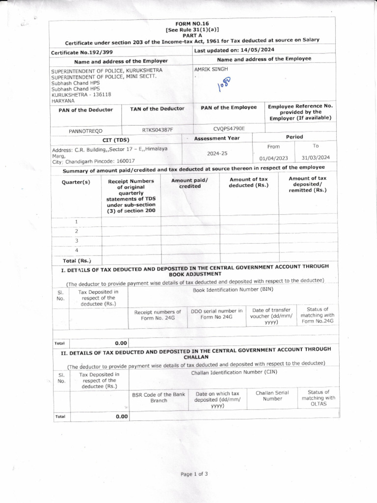 Amrik Singh - Form No 16 (2024-25) | PDF