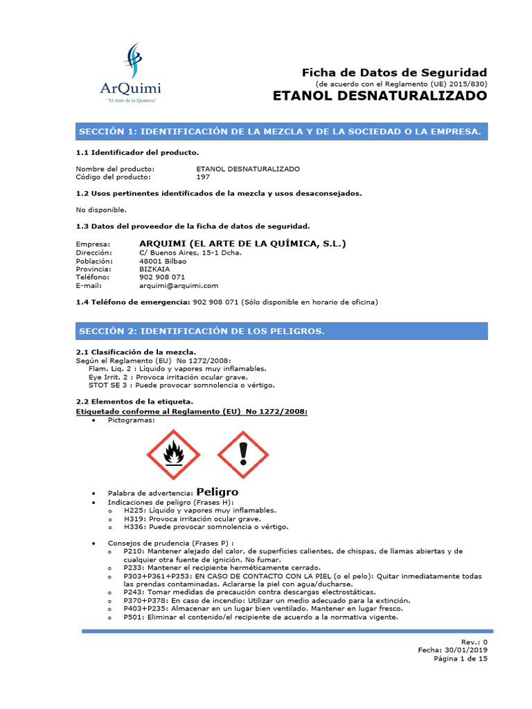 Ficha de Seguridad: Etanol Desnaturalizado | PDF | Etanol | Agua