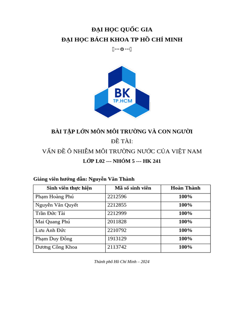 BTN1 - Nhóm 5 - Vấn Đề ô Nhiễm Nước Của Việt Nam | PDF