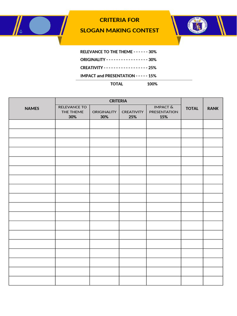 Criteria For Slogan Making Contest: Relevance To The Theme Originality ...