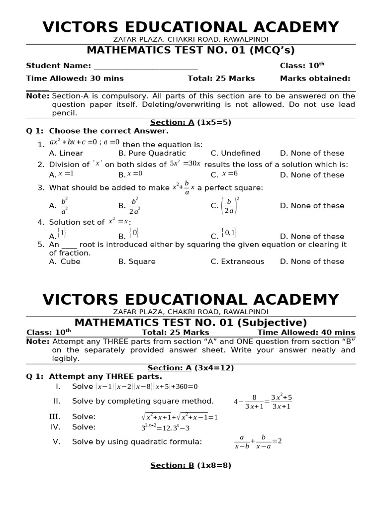 10th Grade Mathematics Test MCQs & Subjective | PDF | Quadratic ...