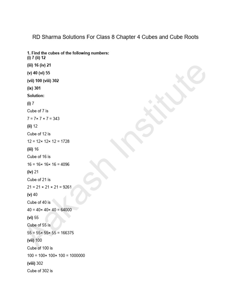 RD Sharma Solutions For Class 8 Chapter 4 Cubes and Cube Roots | PDF ...