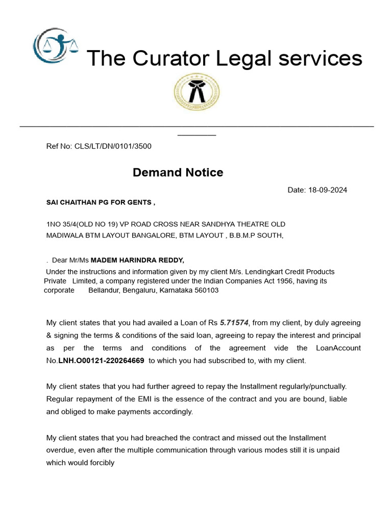 Demand Notices Sai Chaithan PG For Gents | PDF