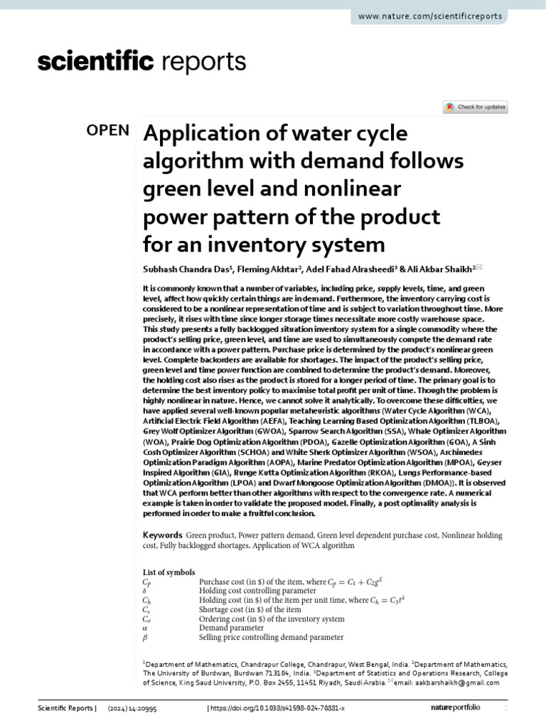 Application of Water Cycle Algorithm With Demand Follows Green Level and Nonlinear Power Pattern ...