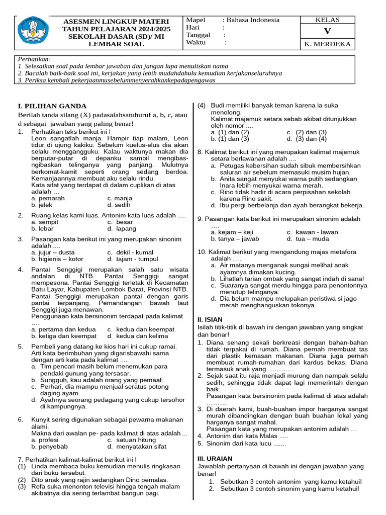 SOAL KELAS 5 SEMUA MAPEL | PDF