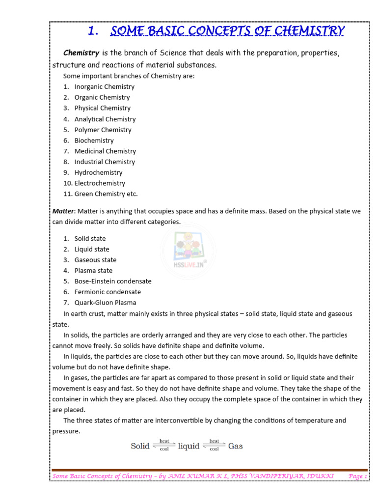 Hsslive - in - Xi - Chem - 1. Some Basic Concepts of Chemistry | PDF