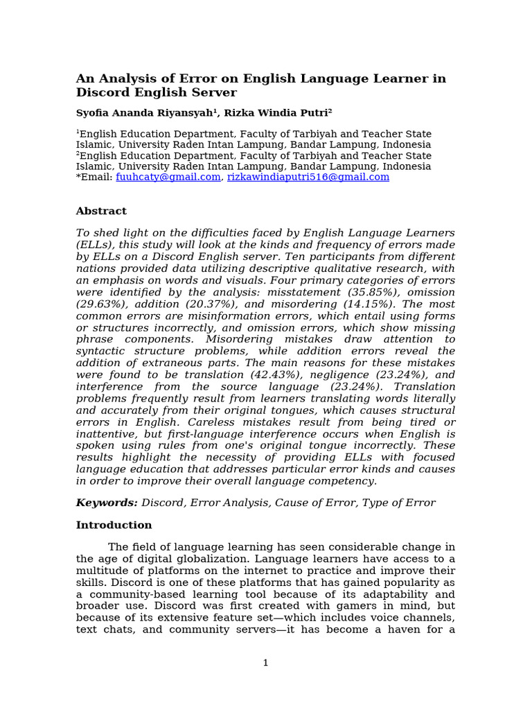 Contoh Jurnal Error Analysis | PDF | Second Language | Second Language Acquisition