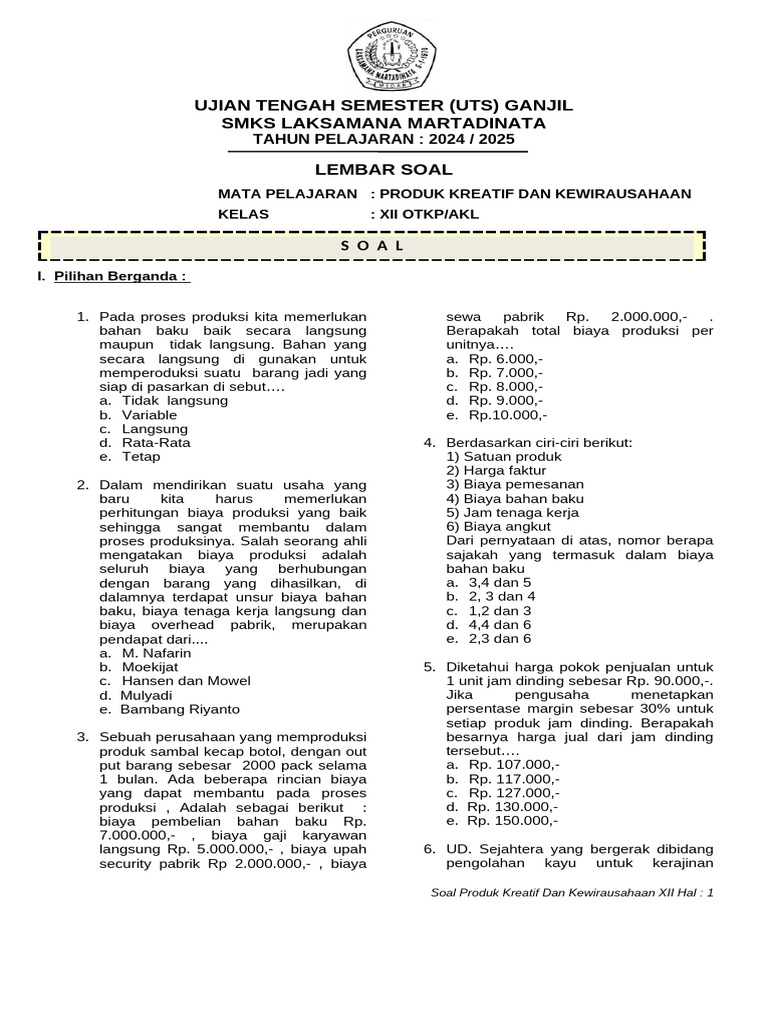 FORMAT NASKAH SOAL UTS GANJIL TP. 2024-2025 | PDF