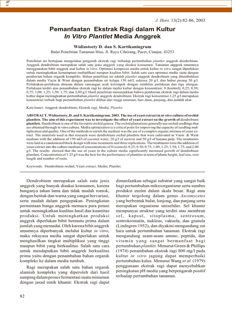 Pemanfaatan Ekstrak Ragi Dalam Kul Tur Me Dia Anggrek: in Vi Tro ...