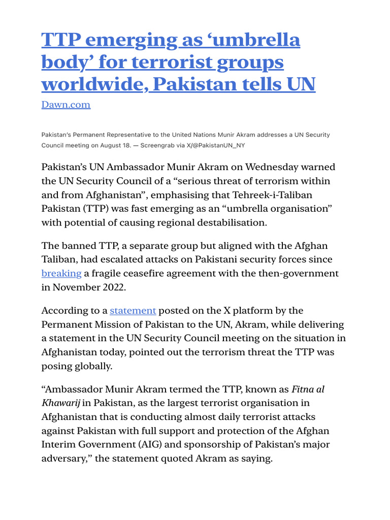 TTP Emerging As Umbrella Body' For Terrorist Groups Worldwide, Pakistan Tells UN - Pakistan | PDF