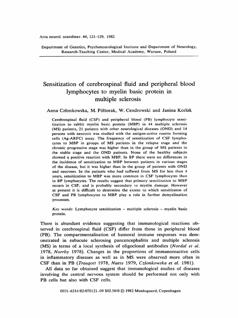Sensitization of Cerebrospinal Fluid and Peripheral Blood Lymphocytes ...