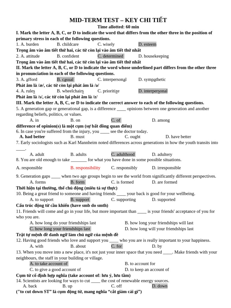 Mid-Term Test HK 1-Key | PDF