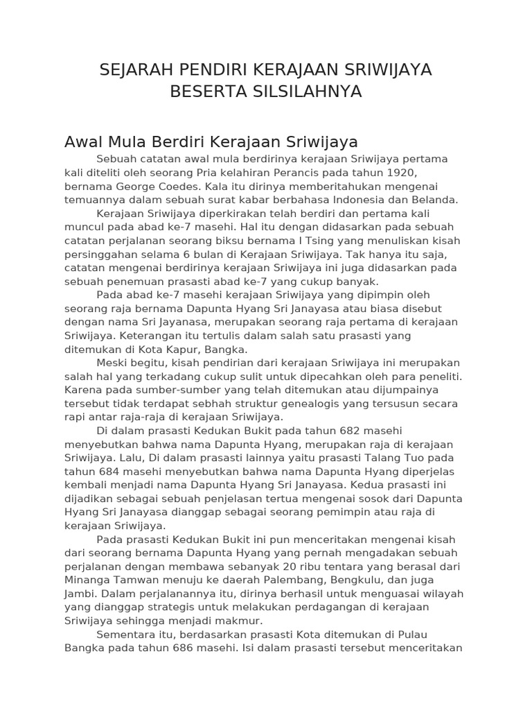 Sejarah Pendiri Kerajaan Sriwijaya Beserta Silsilahnya | PDF
