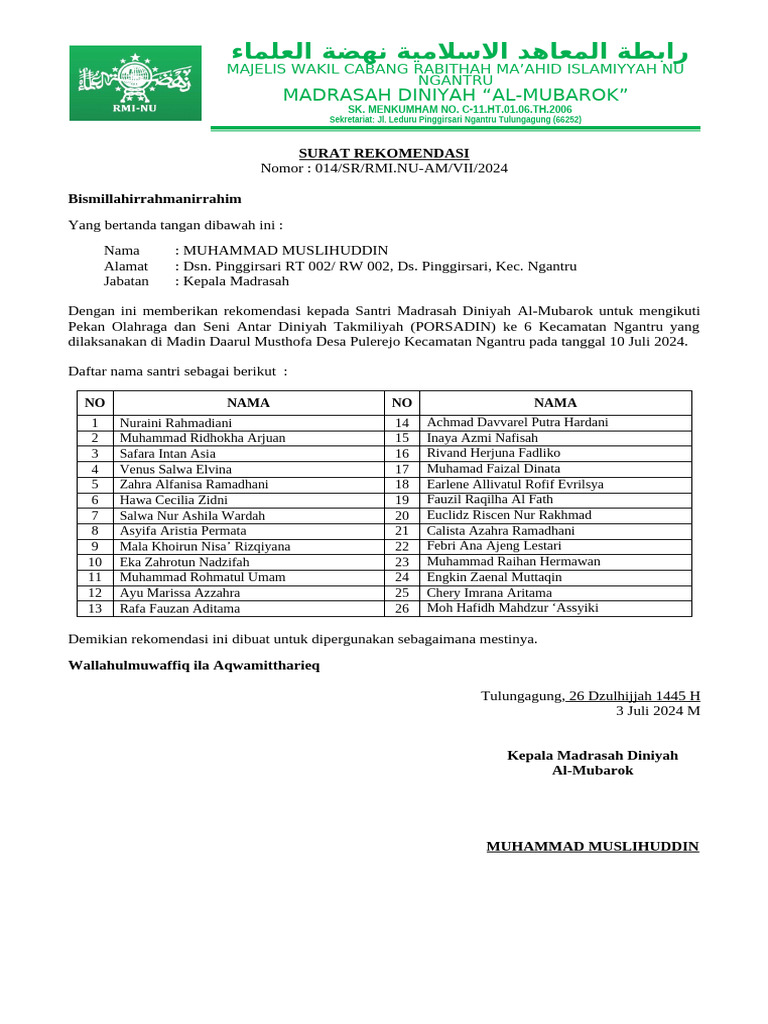 Contoh Surat Rekomendasi | PDF