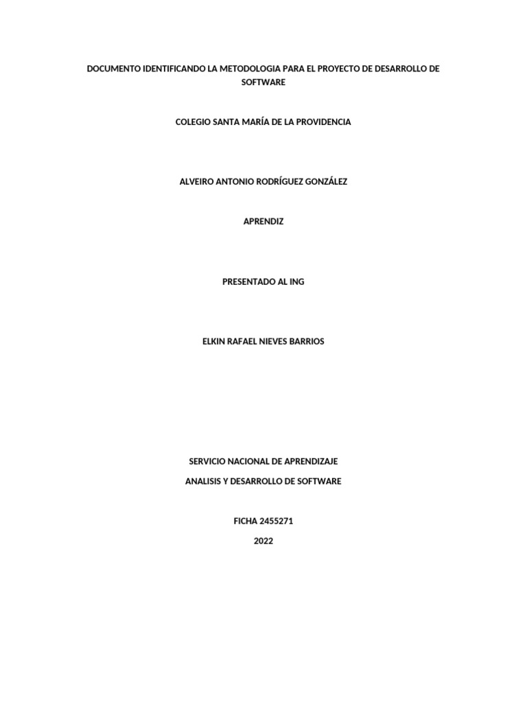 Documento Metodologia Del Proyecto para El Desarrollo de Software | PDF