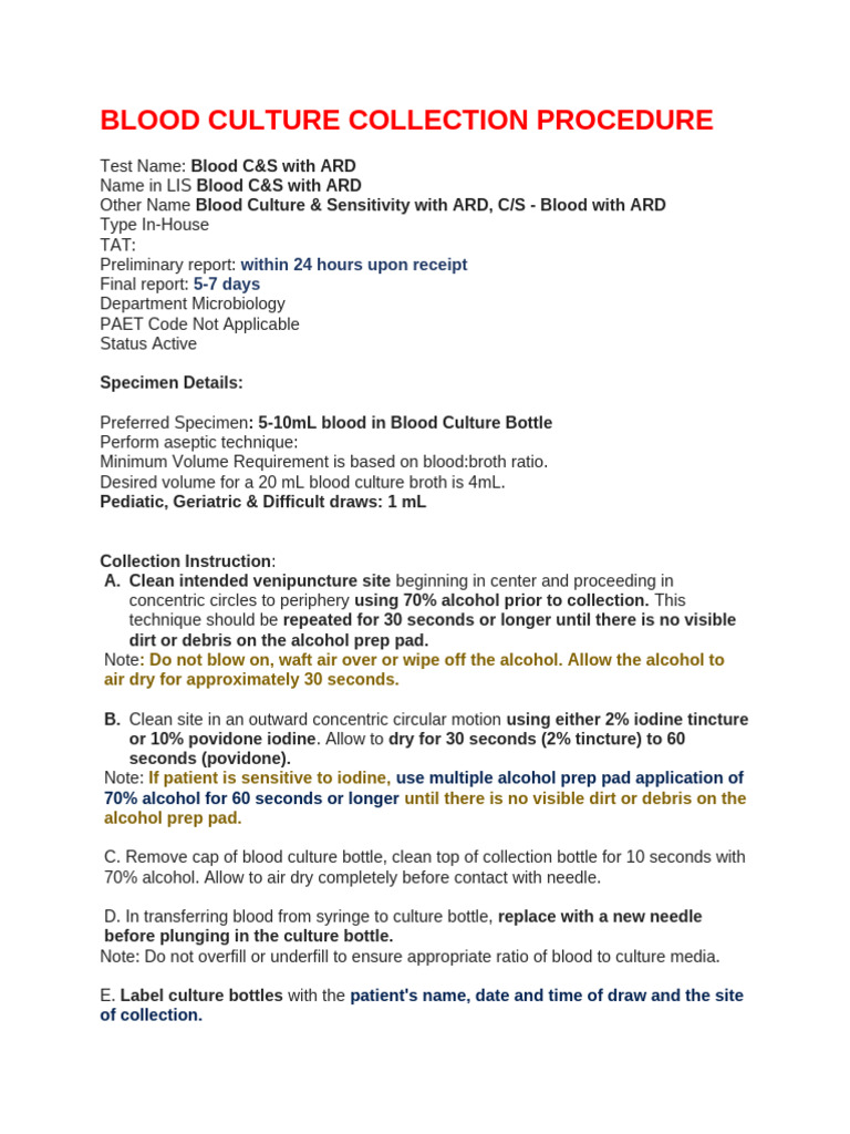 BLOOD CULTURE COLLECTION PROCEDURE | PDF