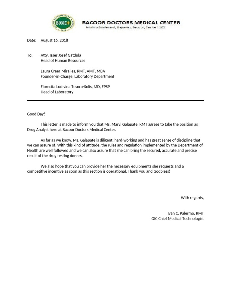 apppointment letter drug testing | PDF