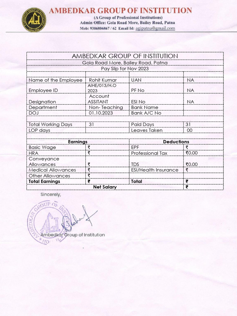 Salary Slip for Rohit Kumar - Nov 2023 | PDF | Finance & Money Management