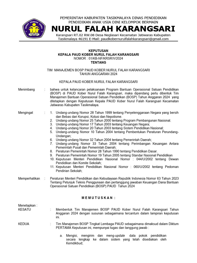 02 SK Tim Manajemen Bosp Paud 2024 | PDF
