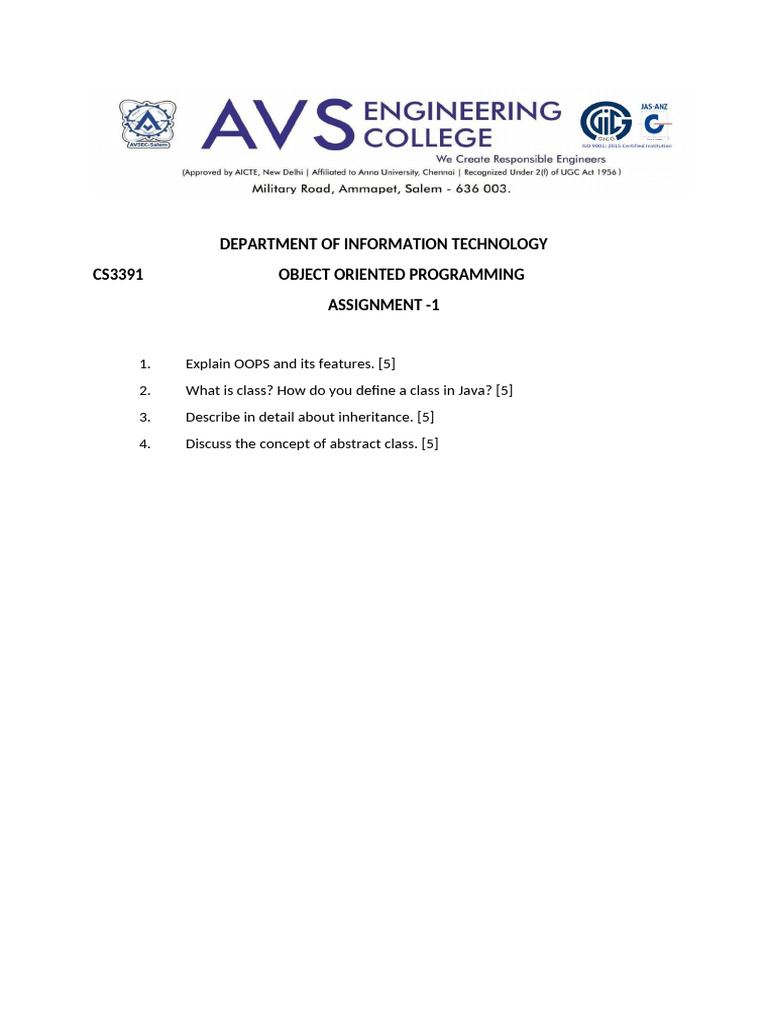 CS3391 Object Oriented Programming Assignment-1 | PDF CS3391 Object Oriented Programming Assignment-1 | PDF