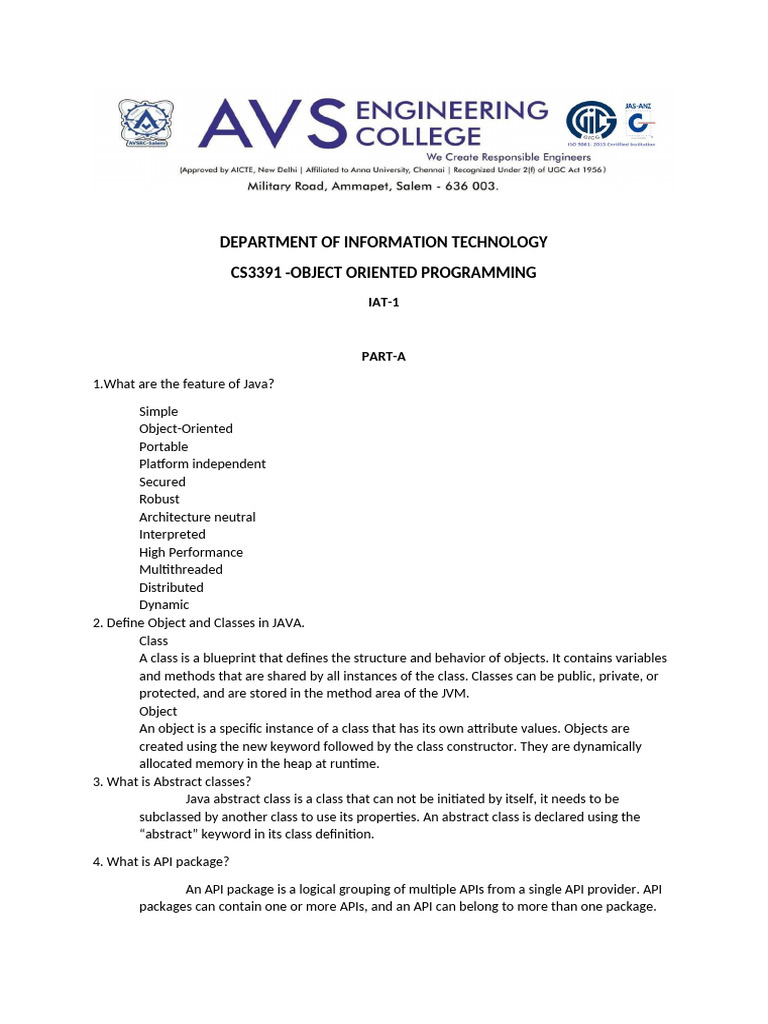 Cs3391-Iat Oops Answer Key | PDF