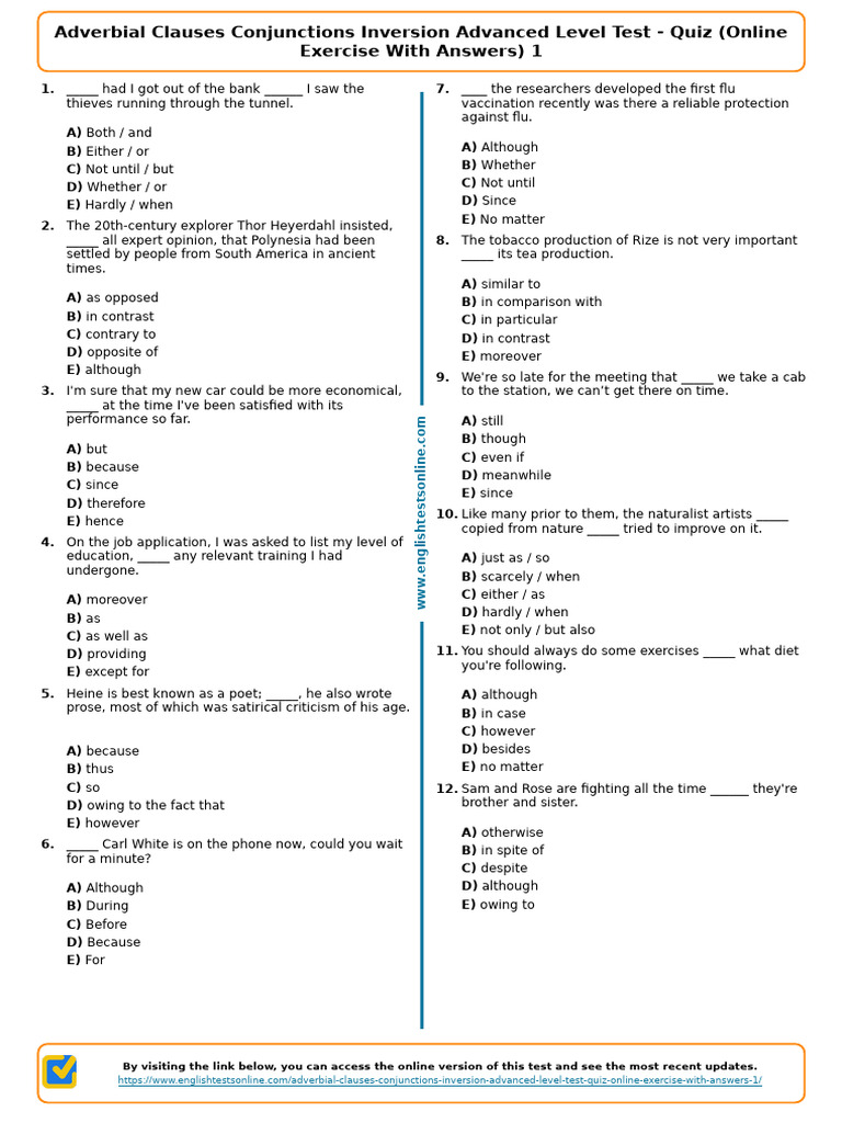 353 Adverbial Clauses Conjunctions Inversion Advanced Level Test Quiz ...
