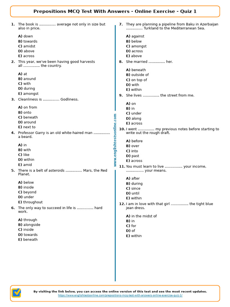 556 Prepositions MCQ Test With Answers Online Exercise Quiz 1 | PDF