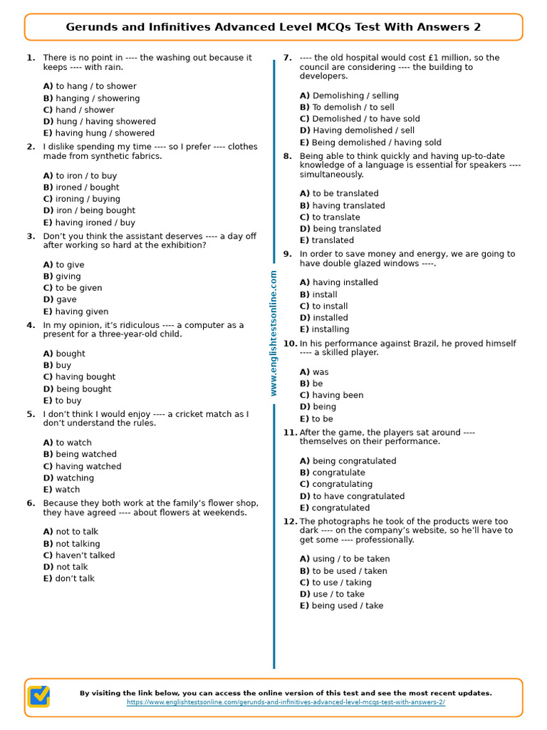 912 Gerunds and Infinitives Advanced Level Mcqs Test With Answers 2 | PDF