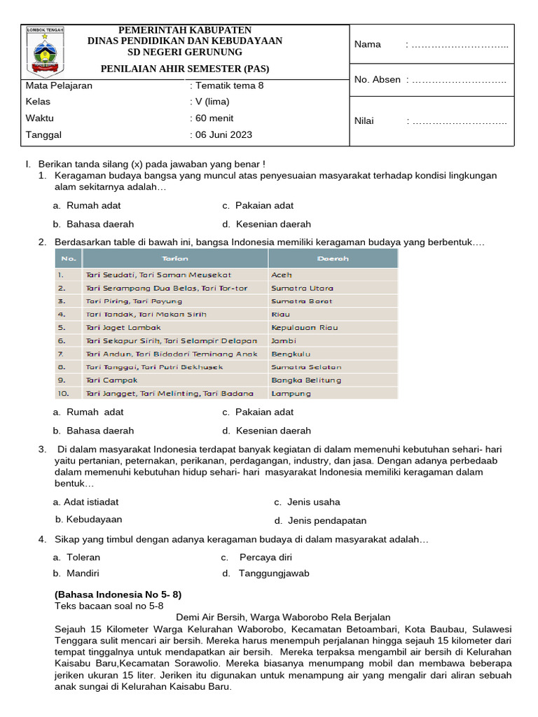 Soal PAS TEMA 8 Kelas 5 SMT 2 | PDF