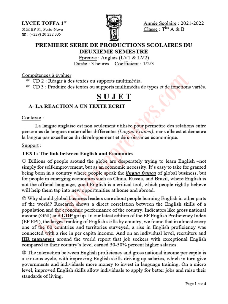 1ER DEVOIR DU 2ÈME SEMESTRE ANGLAIS Tle A-B 2021-2022 LYCEE TOFFA 1ER (1) | PDF